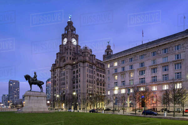 The Liver Building and Pier Head at night, Liverpool Waterfront, Liverpool, Merseyside, England ...