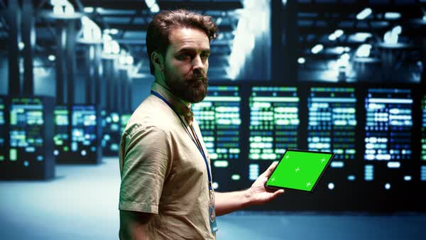 Computer scientist using green screen tablet to verify data center configuration settings ...