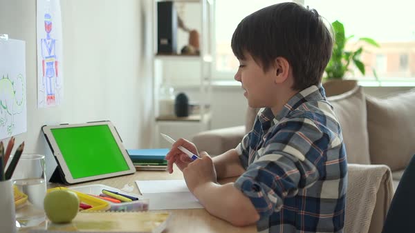 Boy student talk on green screen video class lesson with smile Spbd. Primary school pupil ...