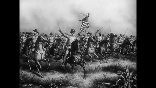 Theodore Roosevelt is shown with the Rough Riders at the Battle of San ...