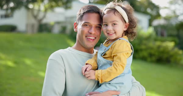 Baby, dad and portrait of girl with smile in garden, backyard or laughing together with ...