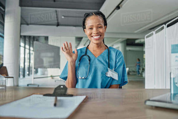 Portrait, black woman and doctor greeting, hospital and smile with success, medicine development ...