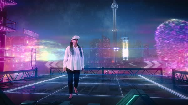Black Woman Wearing Virtual Reality Headset Enters Metaverse. VR ...