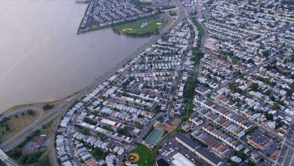 Aerial view of New York city homes within suburbs of New Jersey, New ...