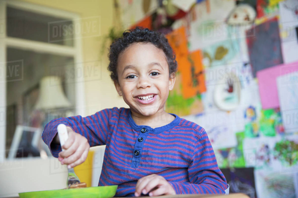 Portrait smiling, confident toddler boy eating - Royalty-free Stock ...