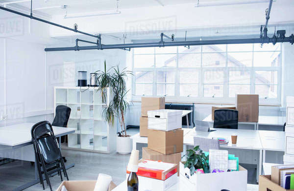 Cardboard boxes in modern, new office - Stock Photo - Dissolve