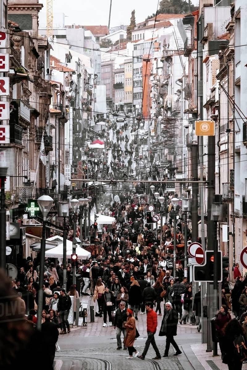 PORTO, PORTUGAL: Happy crowd of relaxing people at outdoor restaurant ...