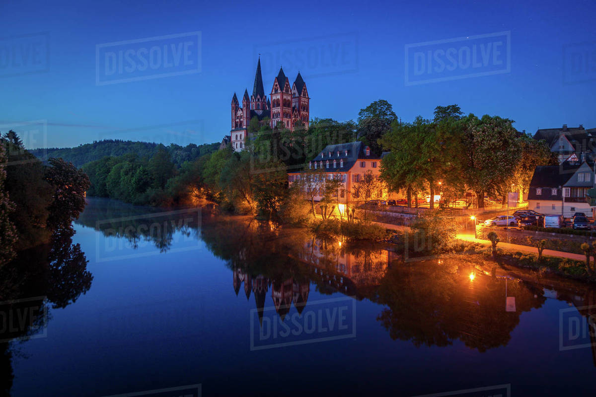Limburg Cathedral by river at night in Limburg, Germany - Royalty-free ...