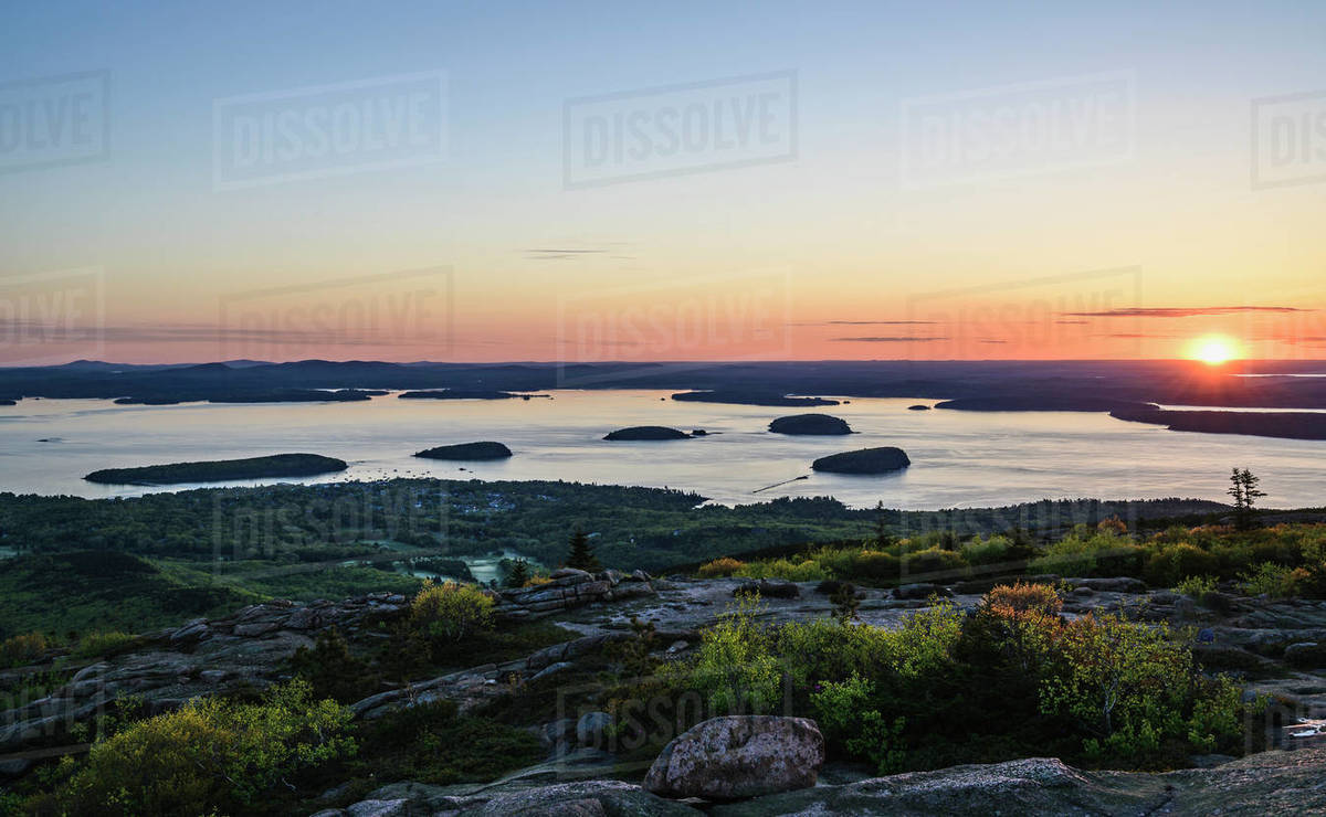 Islands in Frenchman Bay at sunrise in Acadia National Park, USA ...