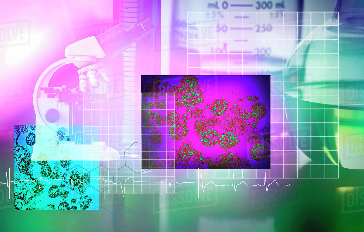 Digital composite of microscope, beaker, bacteria and electrocardiogram ...