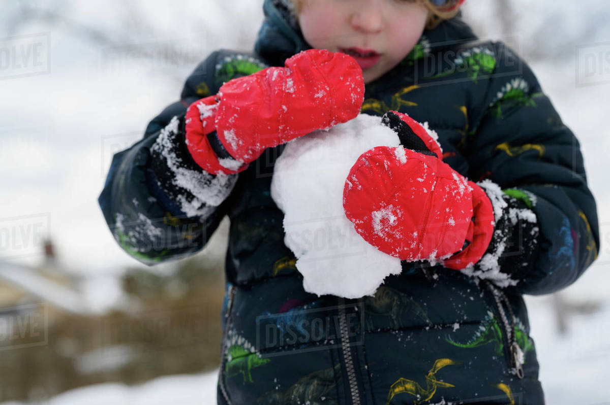 Boy (6-7) holding snowball - Stock Photo - Dissolve