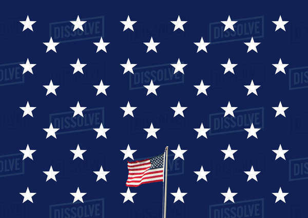 American flag waving against graphic field of 50 white stars on blue ...