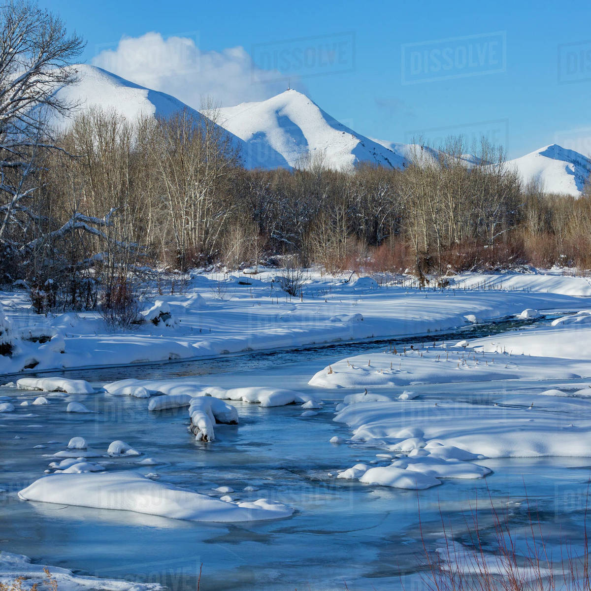 United States, Idaho, Bellevue, Frozen Big Wood River in mountains ...