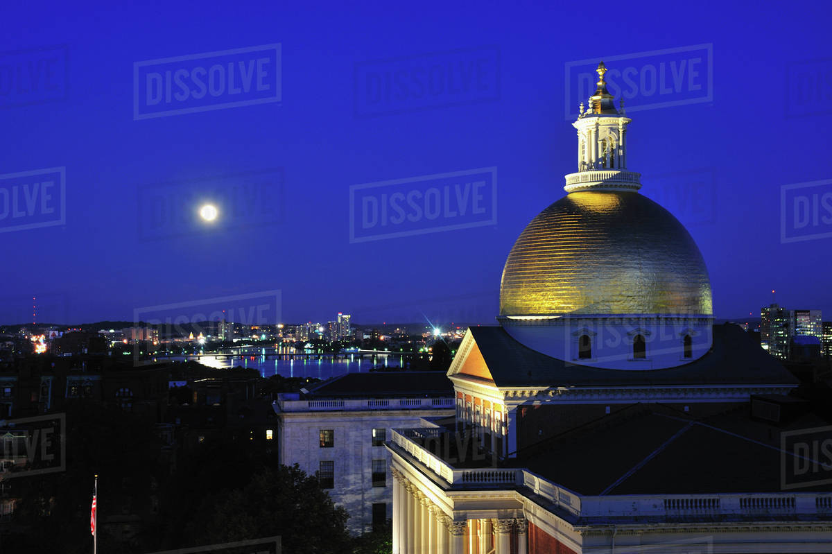 Massachusetts State House Dome and city skyline at dusk - Royalty-free ...