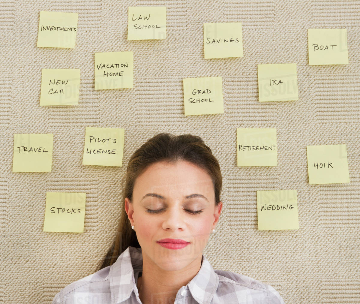 Woman lying on carpet with adhesive notes around head - Royalty-free ...