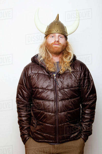 Studio Shot portrait of young man in Viking Helmet - Royalty-free Stock ...