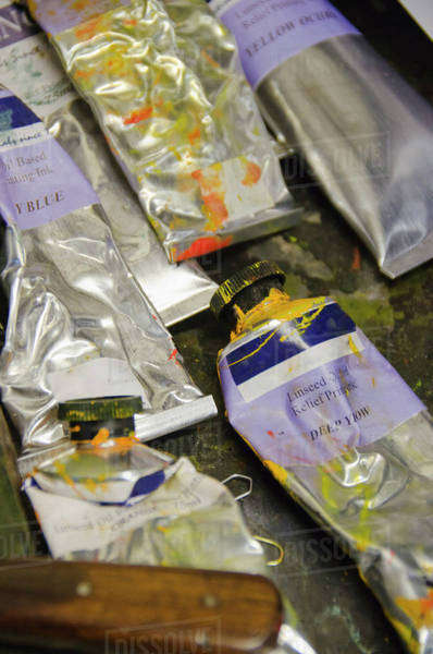 Close up of printer's ink in tubes - Stock Photo - Dissolve