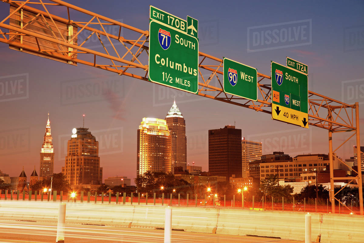 USA, Ohio, Cleveland, View from expressway at dusk - Royalty-free Stock ...