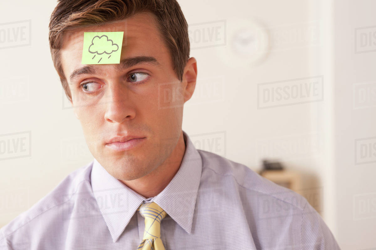 Businessman with adhesive note attached on forehead - Royalty-free ...