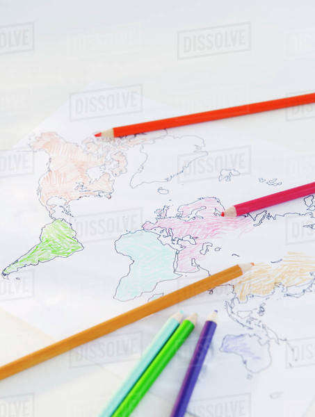 Colored pencils and map of world - Royalty-free Stock Photo | Dissolve