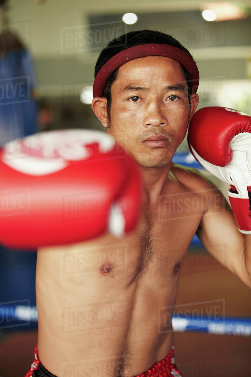 Portrait of mid adult male boxer in fighting stance - Stock Photo ...