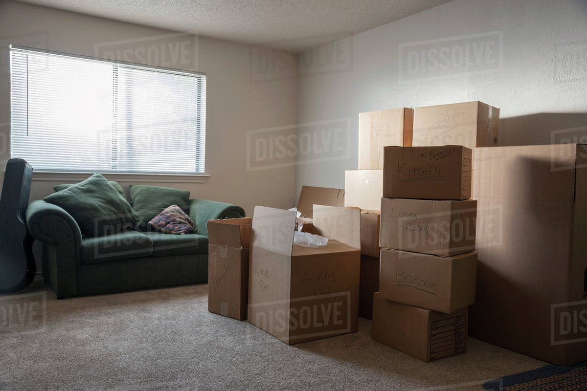 Living room filled with cardboard boxes - Stock Photo - Dissolve