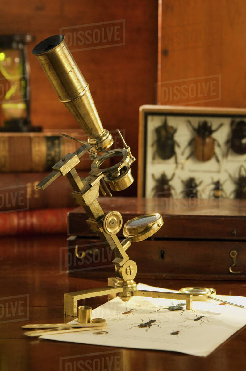 Old fashioned microscope on table - Royalty-free Stock Photo | Dissolve