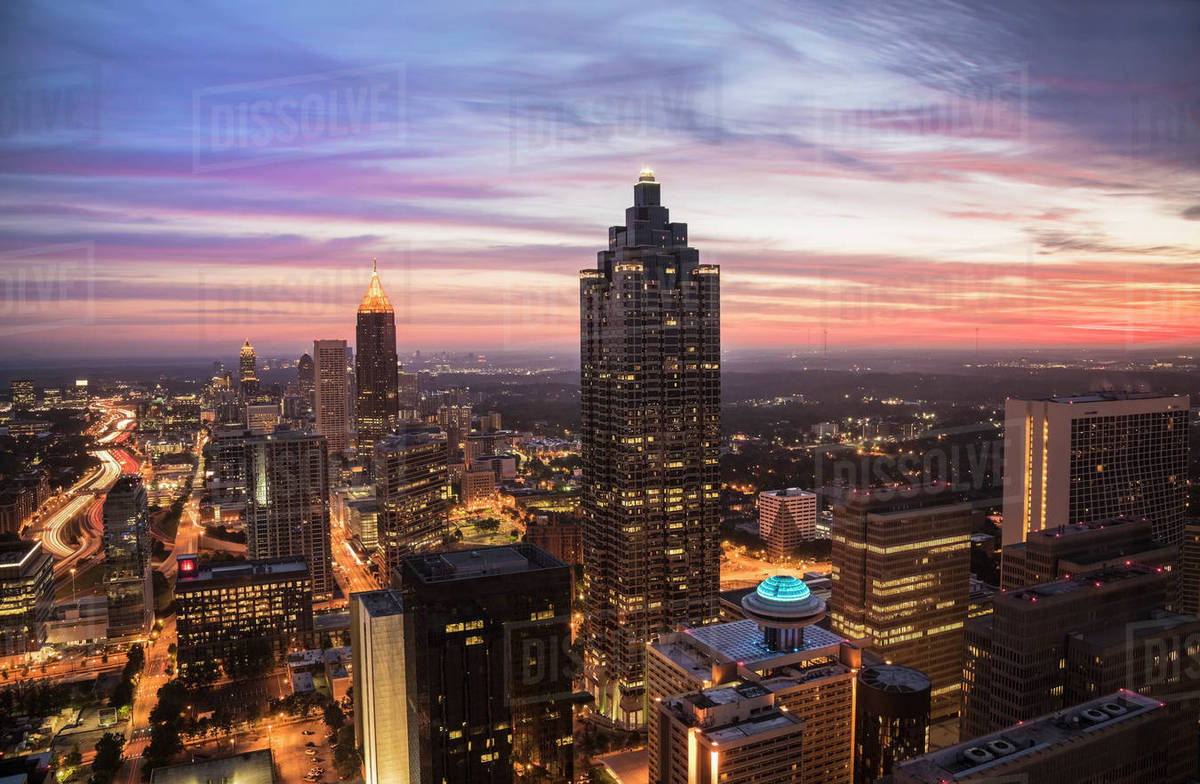 USA, Georgia, Atlanta, Cityscape with skyscrapers at dawn - Royalty ...