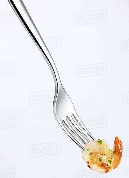 A prawn on a fork - Stock Photo - Dissolve
