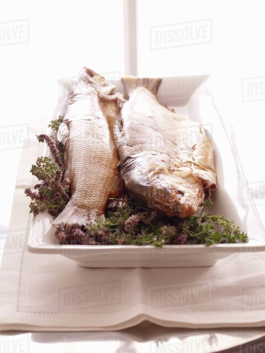 Two Whole Prepared Fish on Platter - Stock Photo - Dissolve