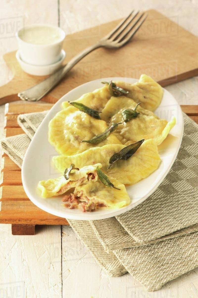 Maultaschen (Swabian ravioli) with deep-fried sage - Royalty-free Stock ...