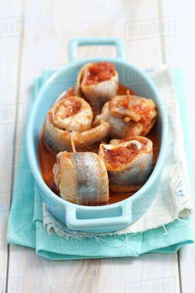 Rollmop herring with onions and tomatoes - Royalty-free Stock Photo ...