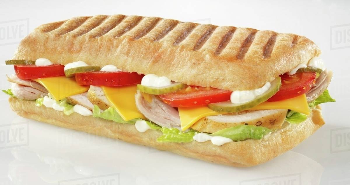 Chicken, tomato, gherkin, cheese slice and lettuce panini - Stock Photo ...