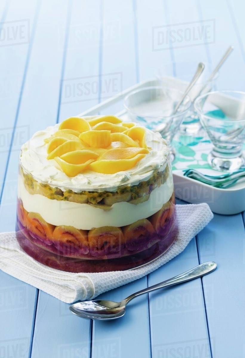 Trifle with mango and passion fruit - Stock Photo - Dissolve