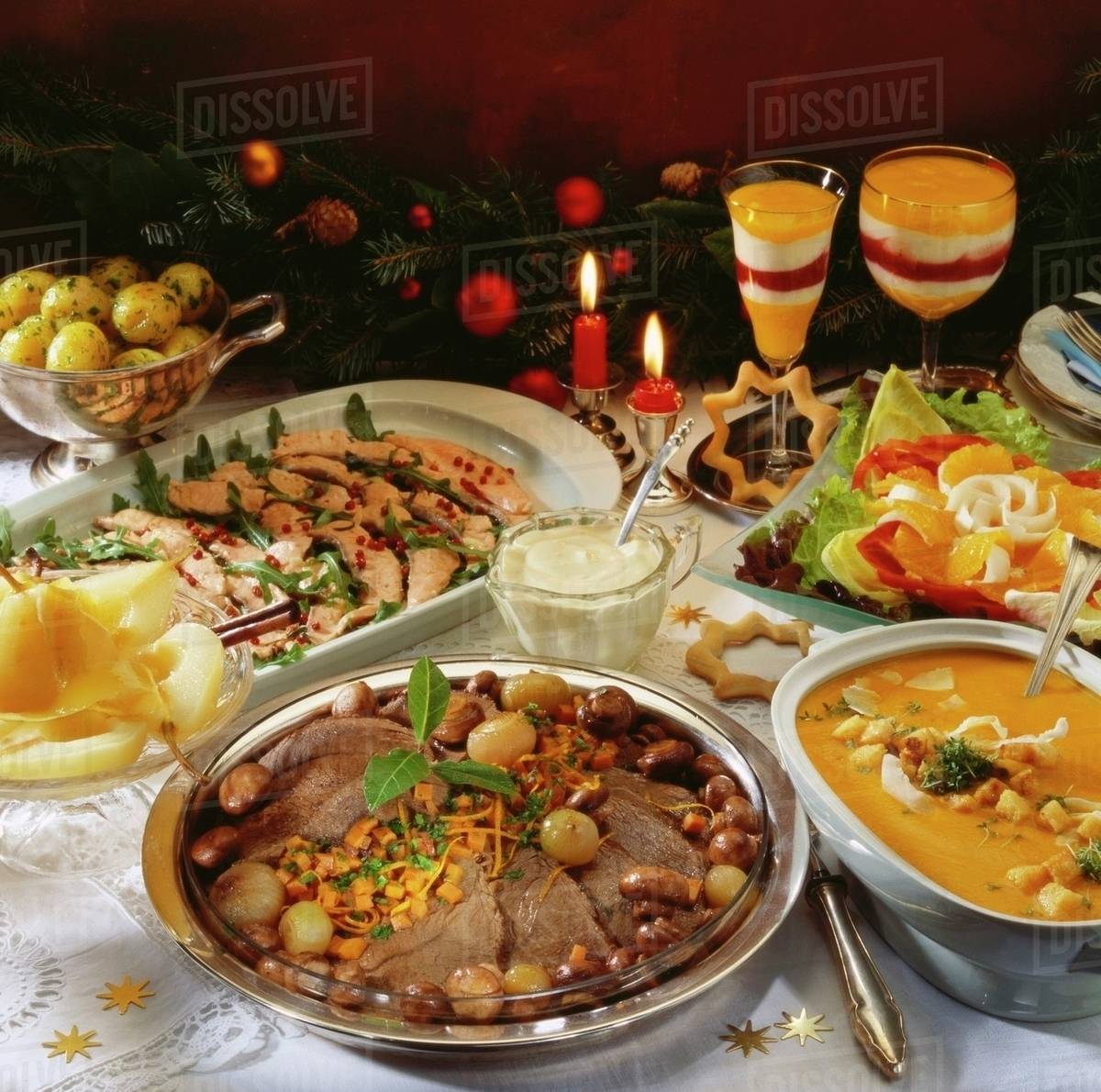 Christmas buffet: roast beef, salmon, soup etc. - Royalty-free Stock ...
