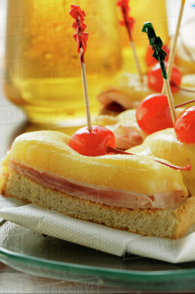 Ham and cheese on toast with cocktail cherries - Royalty-free Stock ...