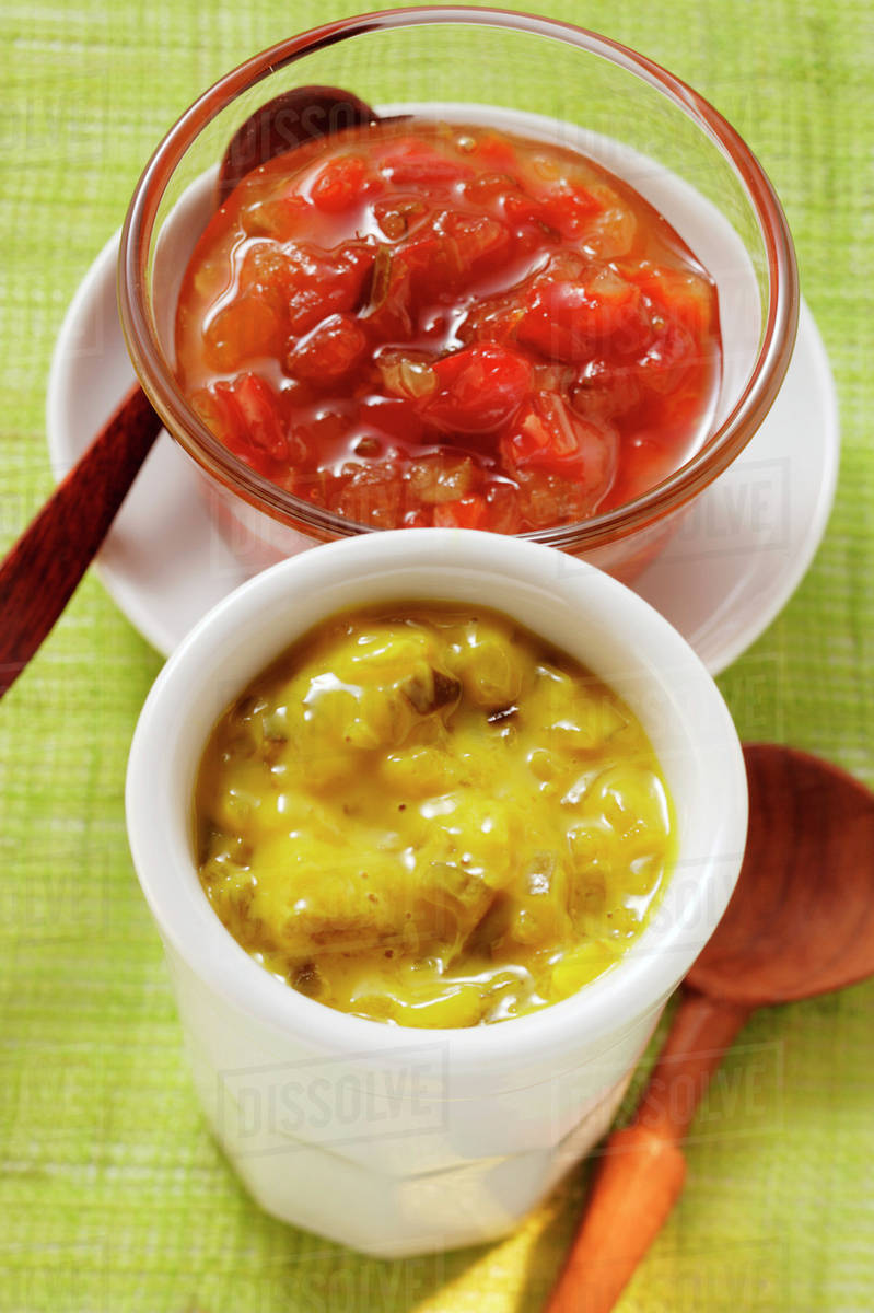Mustard relish and pepper relish in small bowls - Royalty-free Stock ...