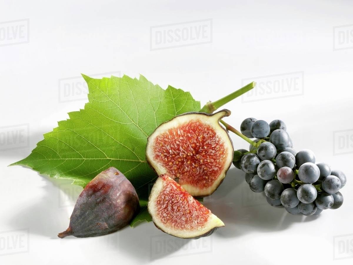 Fig, cut into pieces, and grapes - Stock Photo - Dissolve