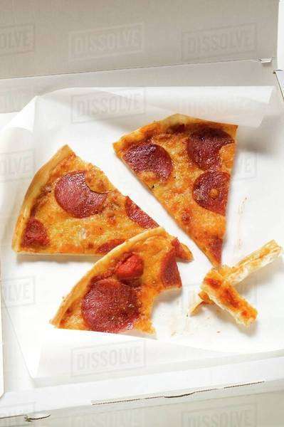 Three slices of pepperoni pizza in pizza box - Royalty-free Stock Photo ...