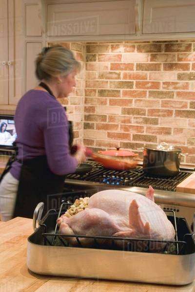 Woman at stove cooking accompaniments for Thanksgiving meal (USA ...
