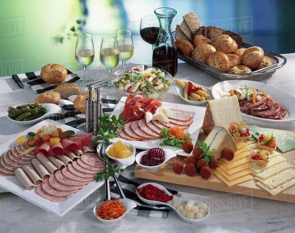 Cold buffet: cold cut platter, cheese, salad, bread & wine - Royalty ...