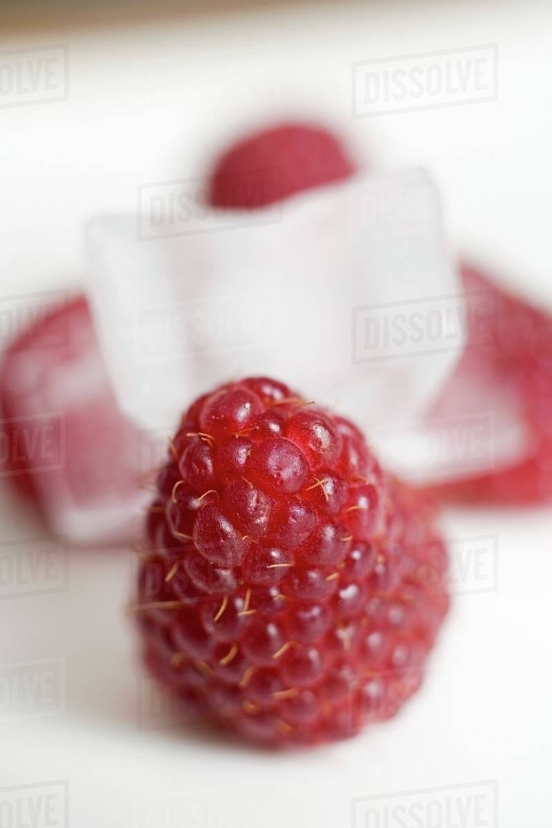 A raspberry with ice cube in background - Stock Photo - Dissolve