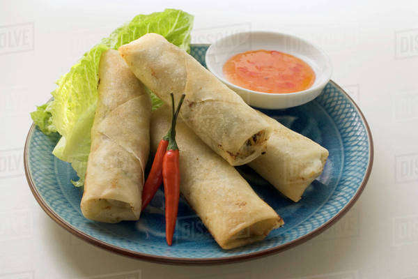 Spring rolls with chili dip - Royalty-free Stock Photo | Dissolve