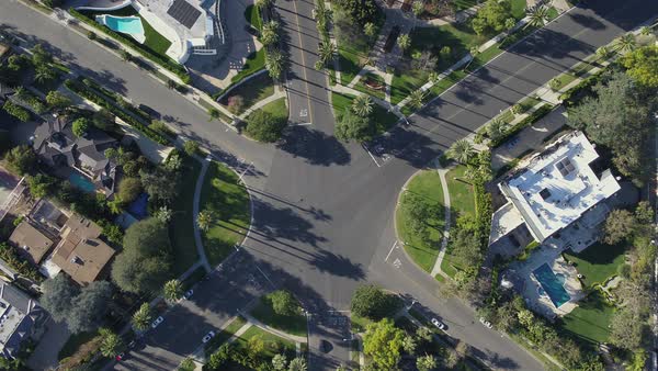 Aerial shot of famous 6-way stop intersection in Beverly Hills, Los ...