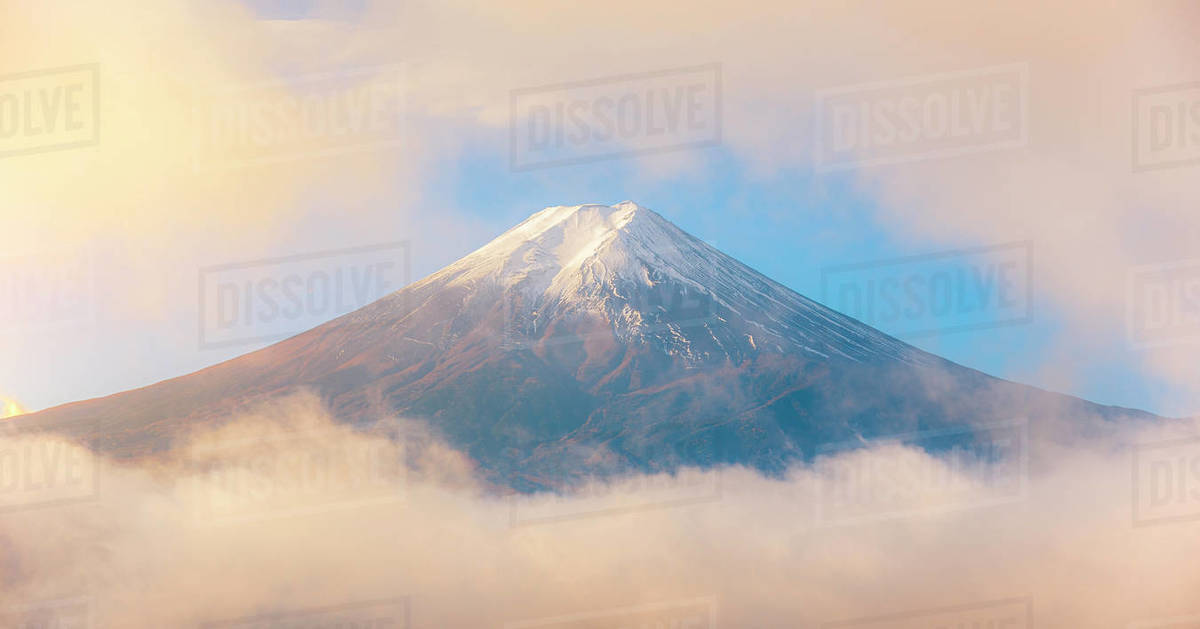 Mount Fuji in mist and clouds on morning at fujiyoshida, Yamanashi ...