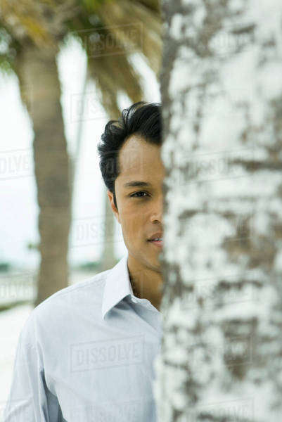 Man behind tree trunk, looking at camera - Royalty-free Stock Photo ...