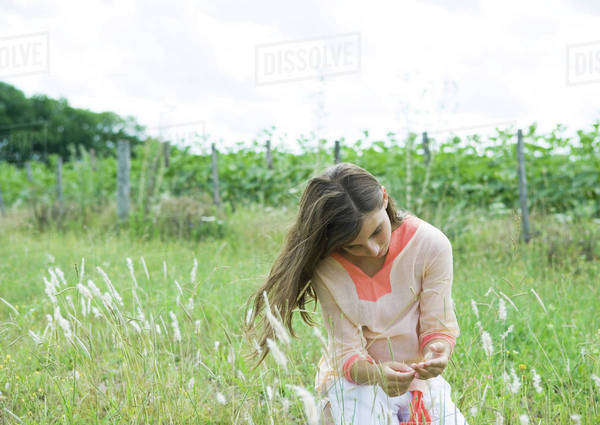 Girl sitting in field - Stock Photo - Dissolve