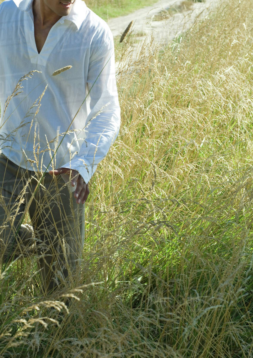 Man walking through field, neck down - Stock Photo - Dissolve