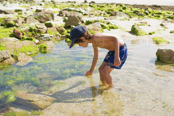 Boy wading in shallow water - Stock Photo - Dissolve