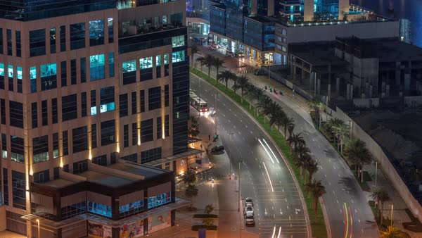 Bay Square district night timelapse. Mixed use and low rise complex ...
